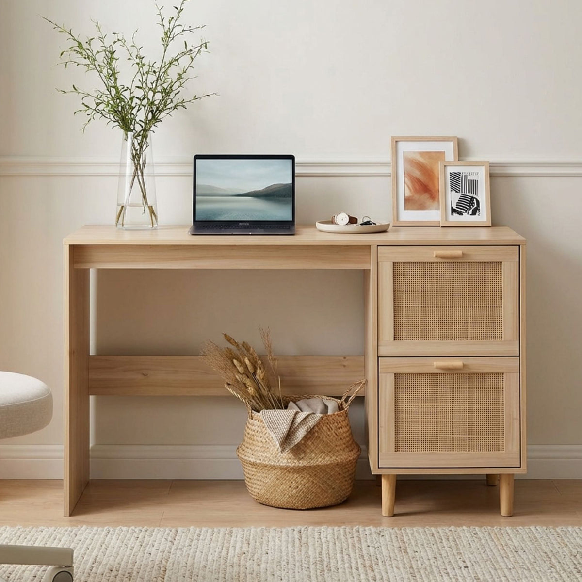 Gila 120cm Rattan Computer Desk with 2 Drawers - Natural